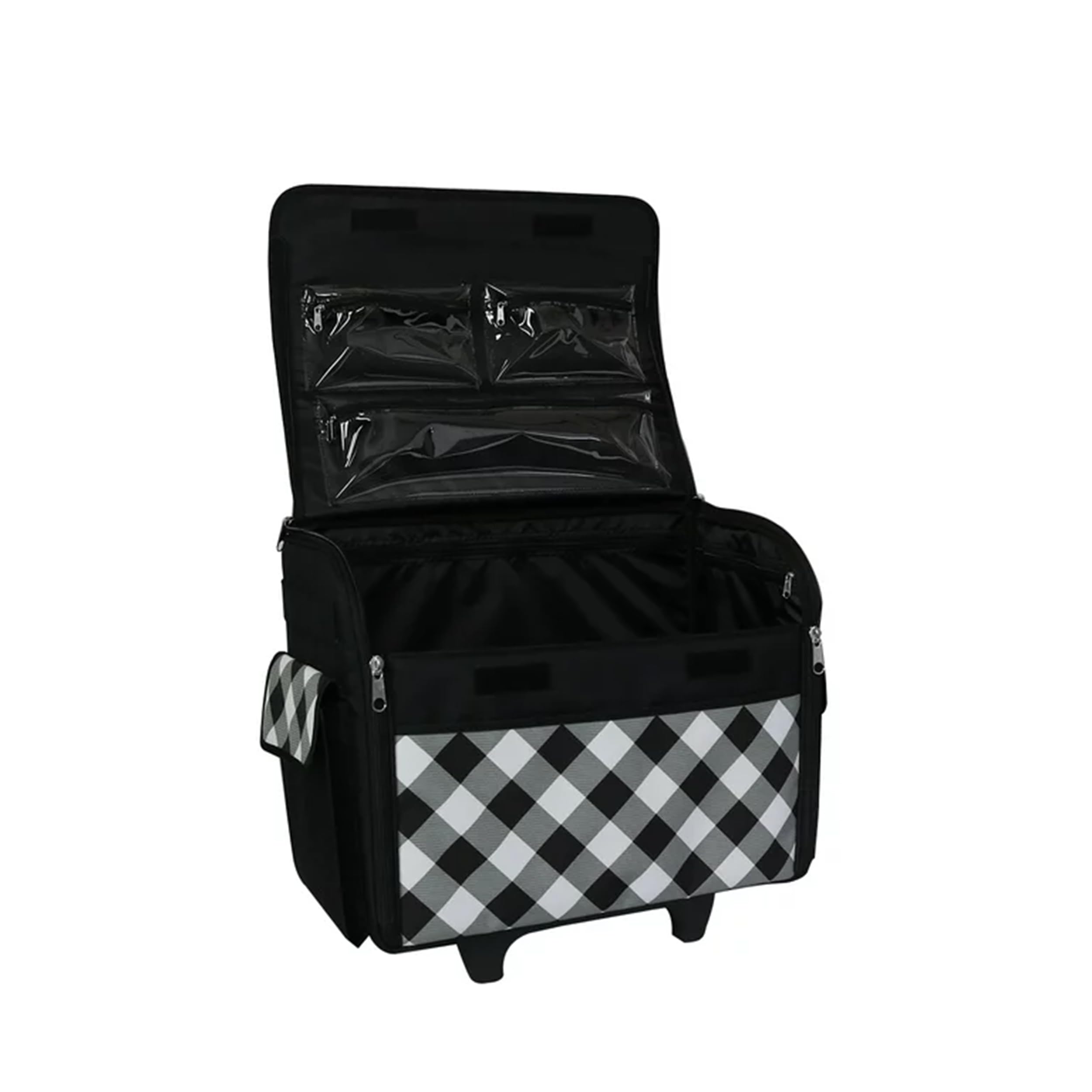 Everything Mary Rolling Sewing Machine Storage and Transport Tote, 75D Polyester Buffalo Check with Wheels