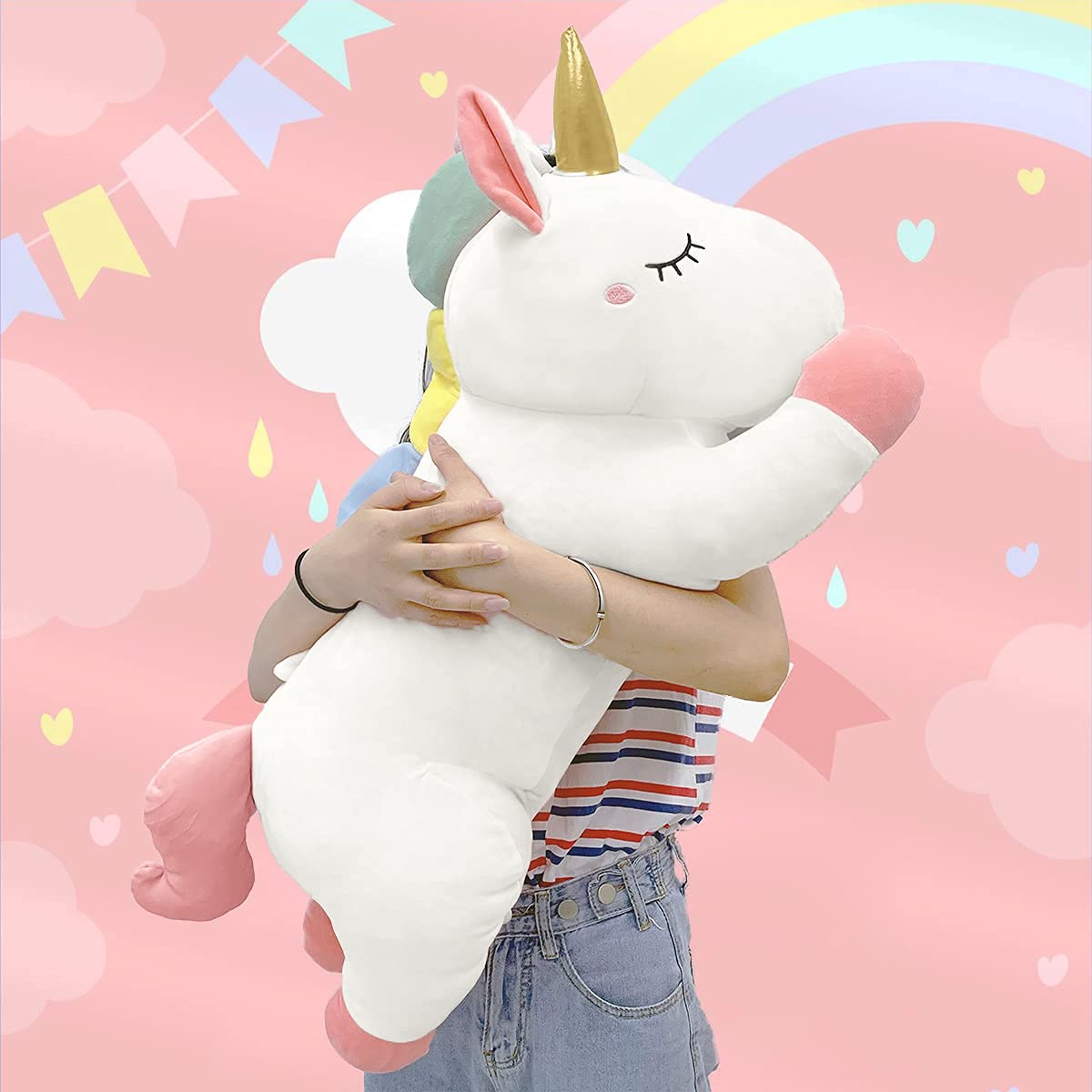 ARELUX 24in Cute White Giant Stuffed Unicorn Plush:Soft Animal Hugging Pillow Unicorn Stuffed Animal, Big Body Plushie,Large Unicorn Room Decor Friends Family Member