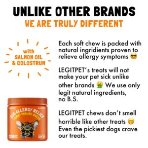 Allergy Relief Chews for Dogs & Immune & Digestive Supplement with Wild Salmon Oil Kelp Colostrum Turmeric Probiotics & Bee Pollen for Seasonal Allergies Anti Itch, Skin Hot Spots 120 Soft Treats