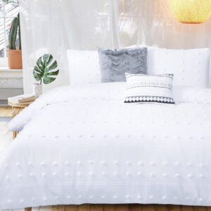 YINFUNG Tufted Duvet Cover White Queen Boho Textured Dot Stripe Moroccan Clipped Cute 100 Cotton Minimalist Bohemian Quilt Cover Bedding Set 90x90 Embroidered