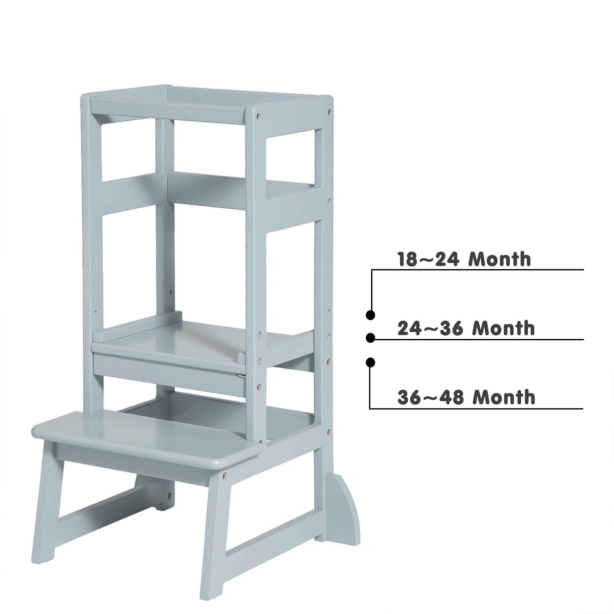 SDADI Kitchen Step Stool for Toddlers and Kids Ages 18 Months to 3 Years Old with Adjustable Height and Solid Wood Railings, Gray