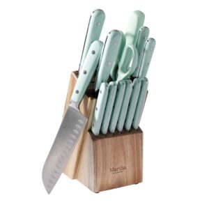 martha stewart 14 piece high carbon stainless steel cutlery knife block set w/abs triple riveted forged handle ashwood block - martha blue