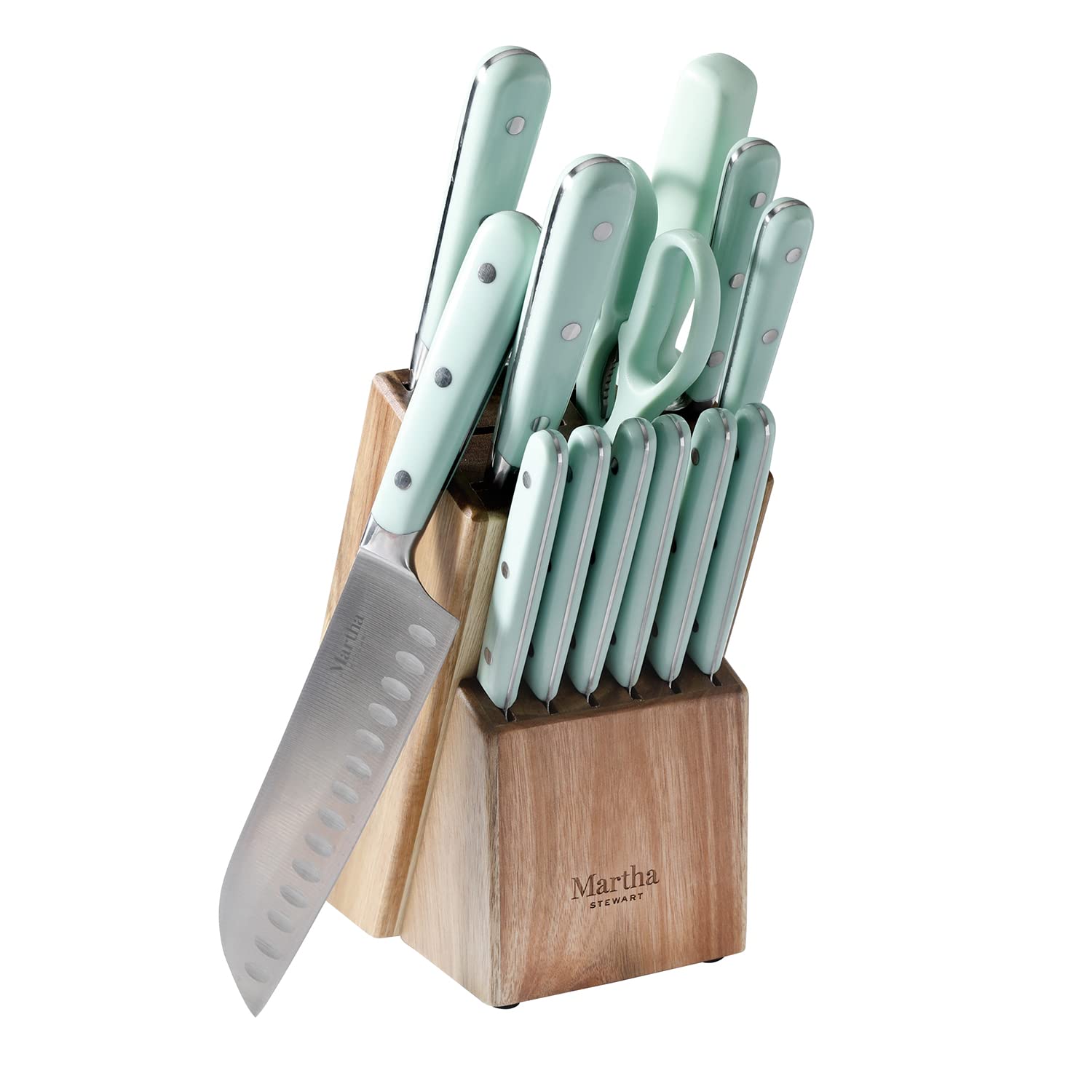 Martha Stewart 14 Piece High Carbon Stainless Steel Cutlery Knife Block Set w/ABS Triple Riveted Forged Handle Ashwood Block - Martha Blue