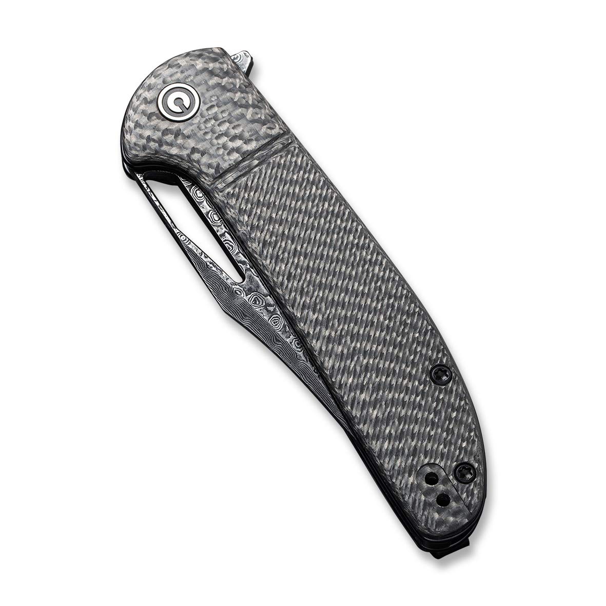 CIVIVI Ortis Flipper Pocket Knife Twill Carbon Fiber Handle (3.25" Black Hand Rubbed Damascus) C2013DS-1