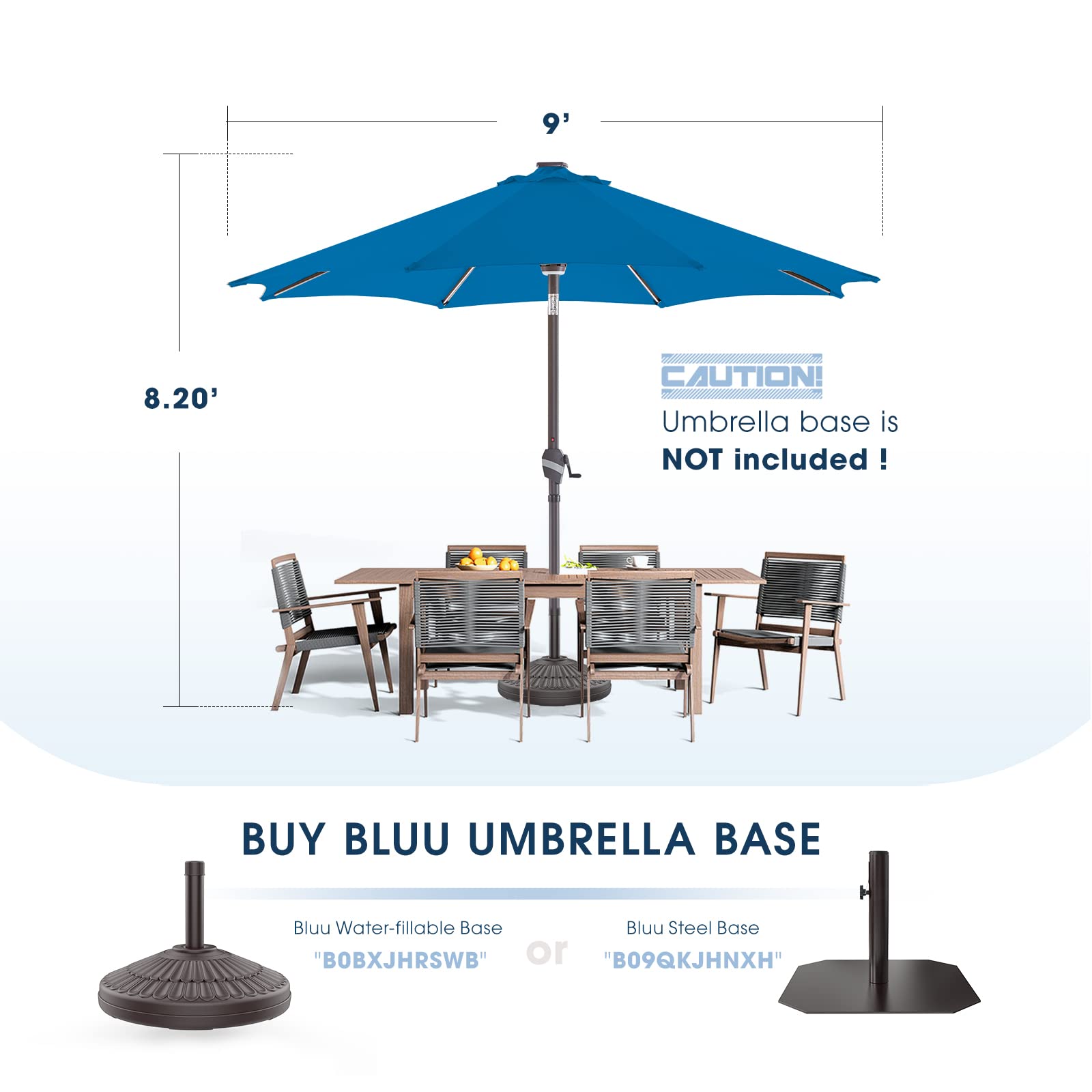 BLUU MAPLE 9 FT Outdoor Solar Patio Umbrella LED Table Umbrellas with 16 LED Strip Lights & Hub Light, Aluminum Frame, 3 YEARS Fade Resistance & UV Protection Fabric (Royal Blue)