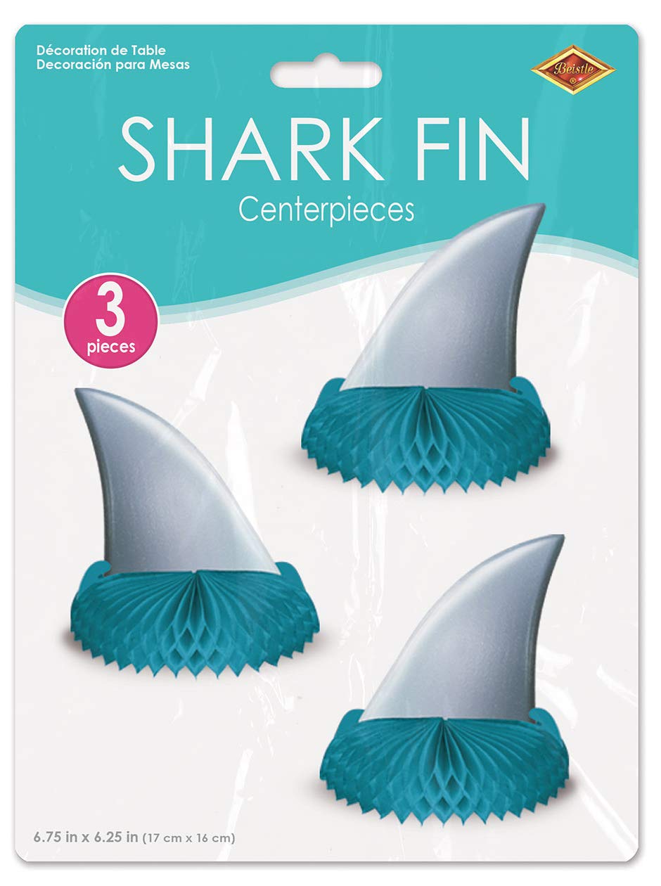 Beistle 3 Piece Shark Theme Party Supplies Birthday Decorations Table Centerpieces, Gray/Blue, 6.75" x 6.25"