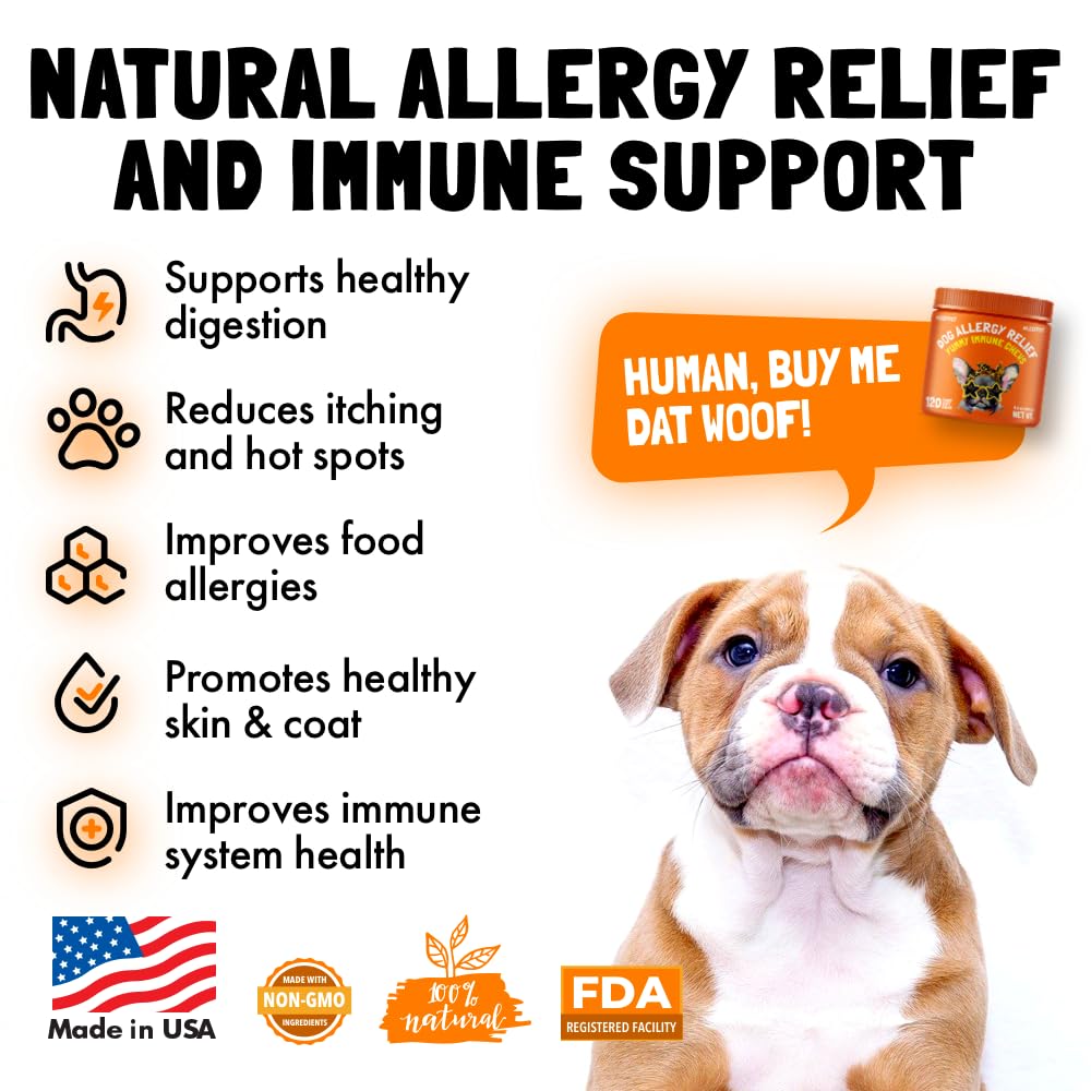 Allergy Relief Chews for Dogs & Immune & Digestive Supplement with Wild Salmon Oil Kelp Colostrum Turmeric Probiotics & Bee Pollen for Seasonal Allergies Anti Itch, Skin Hot Spots 120 Soft Treats