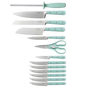 Martha Stewart 14 Piece High Carbon Stainless Steel Cutlery Knife Block Set w/ABS Triple Riveted Forged Handle Ashwood Block - Martha Blue