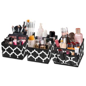 makeup drawer organizer - small baskets bins for organizing, desktop caddy storage organizer, fabric portable divided box for bathroom countertop, office, cosmetic, face care set of 3 (black)