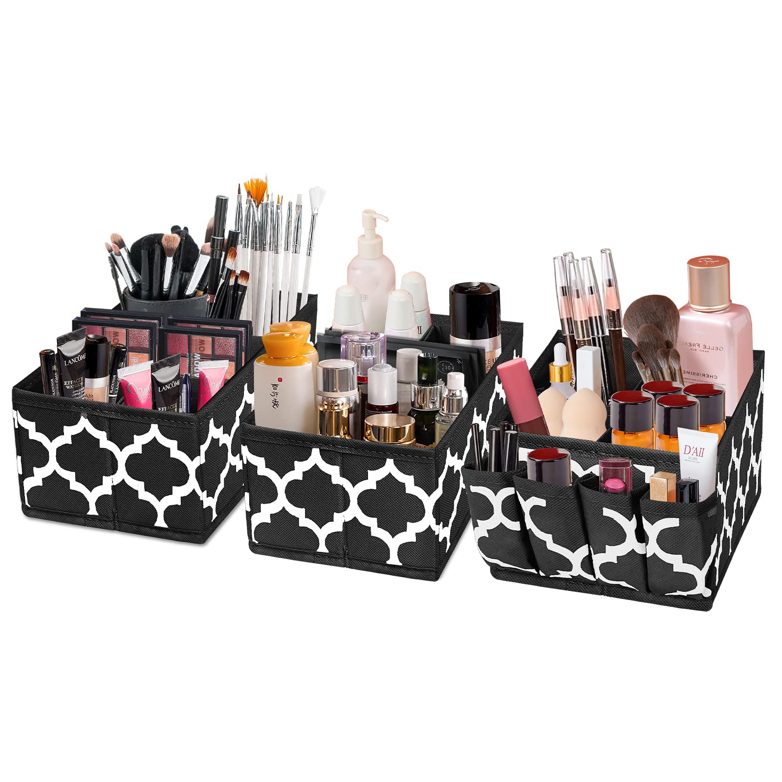 Makeup Drawer Organizer - Small Baskets Bins for Organizing, Desktop Caddy Storage Organizer, Fabric Portable Divided Box for Bathroom Countertop, Office, Cosmetic, Face Care Set of 3 (Black)