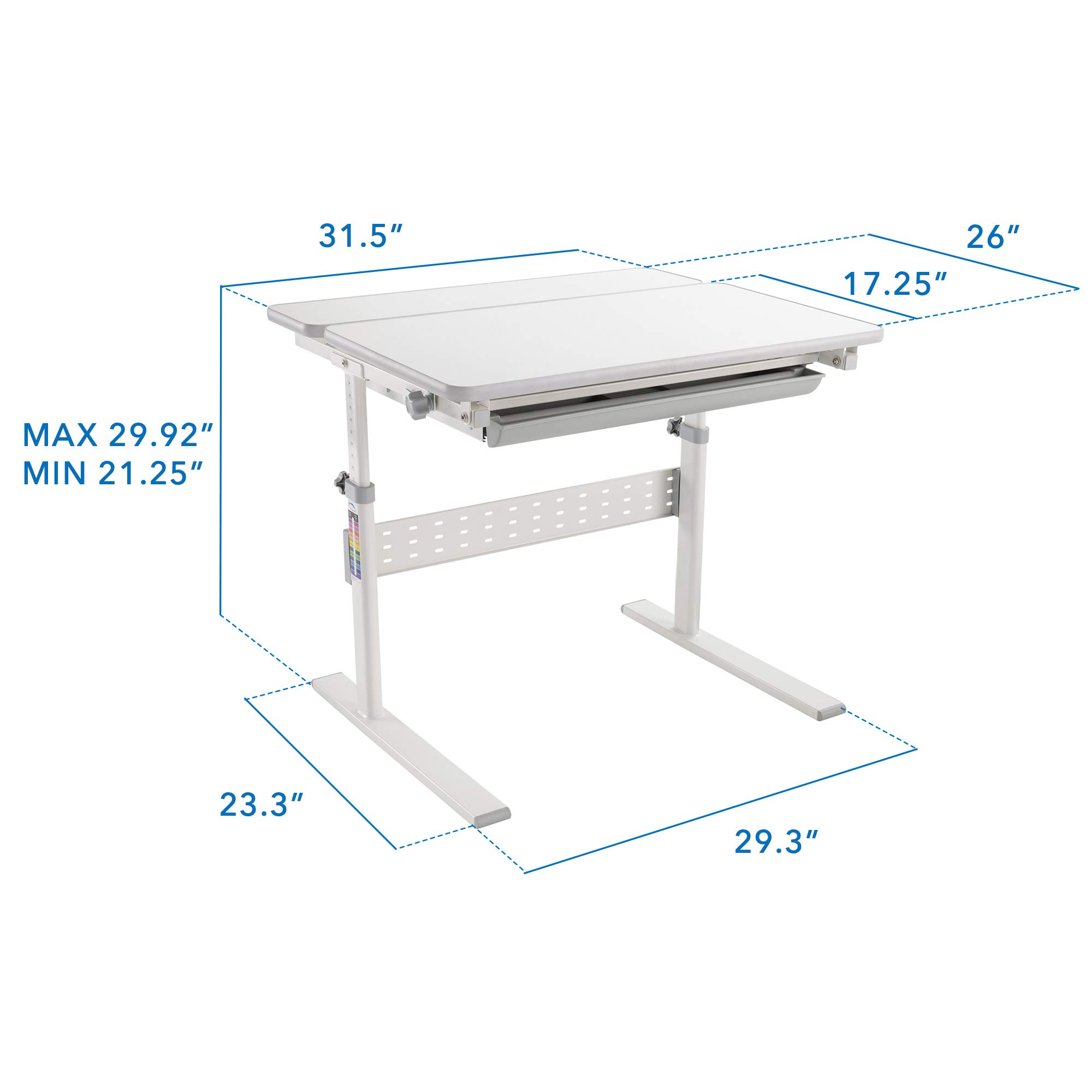 Mount-It! Height Adjustable Desk for Kids [31.5" x 26"] Children's Workstation with Tilting Desktop and Drawer for Storage, Ergonomic Study Table for Writing, Drawing, Reading, Studying (Gray)