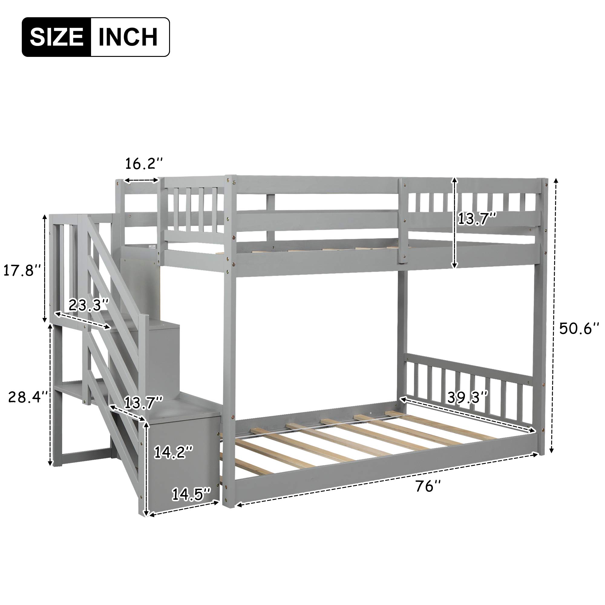 Low Bunk Beds Twin Over Twin with Stairs Solid Wood Bunk Bed Frame for Kids Boys Girls Teens, Gray