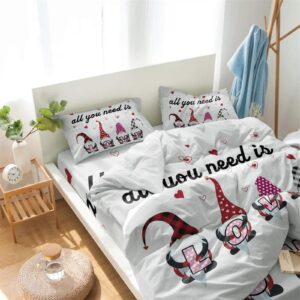 Valentine's Day Gnomes 4 Pieces California King Duvet Cover Sheet Set Cute Cartoon Dwarfs Romantic Bedding Sets Luxury Soft Bed Quilt Cover Bedspread with Decorative Pillowcases Sweet Love Heart