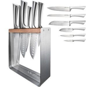 cuisine::pro damashiro knife block (kinzoku, 7 piece set) - japanese steel knife block set, damascus pattern with glass display case