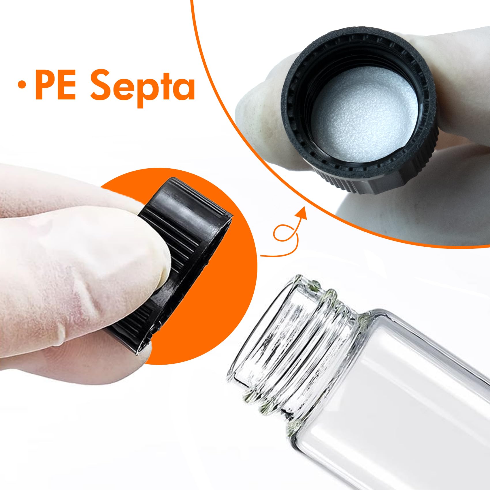 PEKYBIO Clear Glass Sample Vial, Liquid Sampling Sample Glass Bottle, 20 ml (0.67OZ) Capacity, 24-400 Thread Black Closed Top Cap,PE liner, Pack of 100