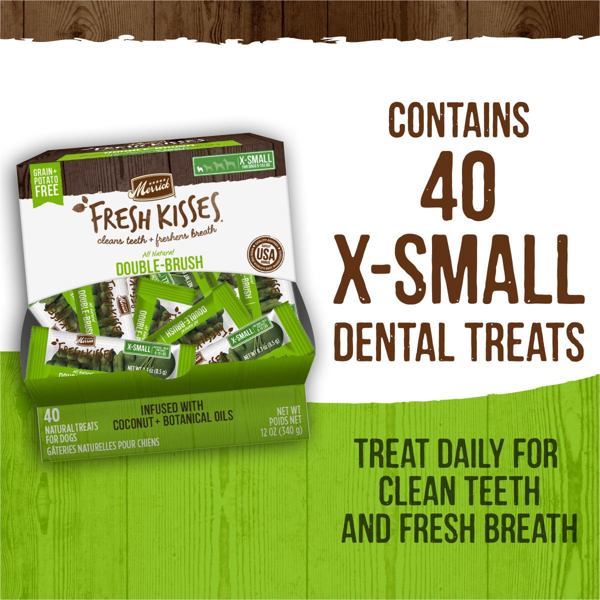 Merrick Fresh Kisses Natural Dental Chews Infused with Coconut and Botanical Oils for Tiny Dogs 5-15 Lbs - 106 ct. Box