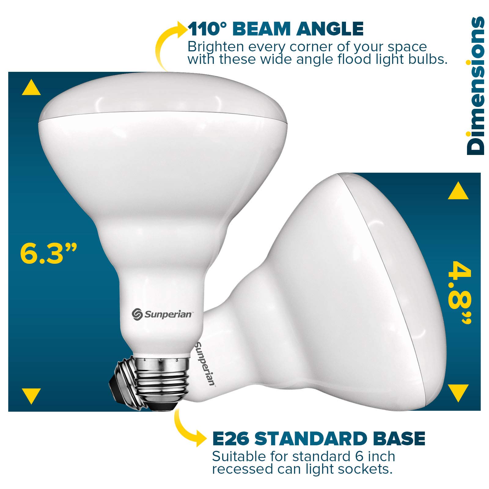 SUNPERIAN BR40 LED Light Bulbs, 13W=85W, 5000K Daylight, 1400 Lumens, Dimmable Flood Light Bulbs for Recessed Cans, Enclosed Fixture Rated, Damp Rated, UL Listed, E26 Standard Base (4 Pack)