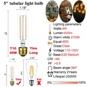 LiteHistory Dimmable E26 LED Bulb 4W Equal 40 Watt Warm White 2700K E26 Edison AC120V 400lm Tubular T9 T10 LED Light Bulb for Rustic Pendant,Chandeliers,Wall sconces 6Pack