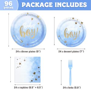 DECORLIFE Baby Shower Plates and Napkins for Boy Serves 24, Blue Baby Boy Plates, Forks Included, Total 96PCS