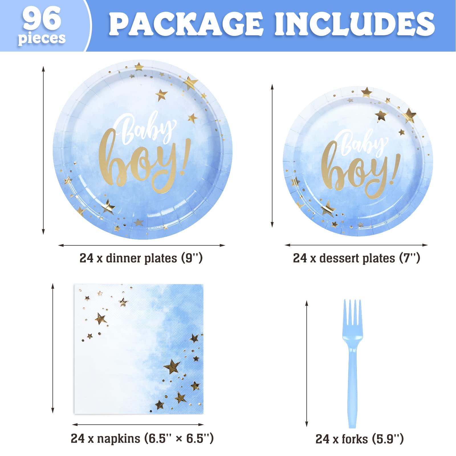 DECORLIFE Baby Shower Plates and Napkins for Boy Serves 24, Blue Baby Boy Plates, Forks Included, Total 96PCS