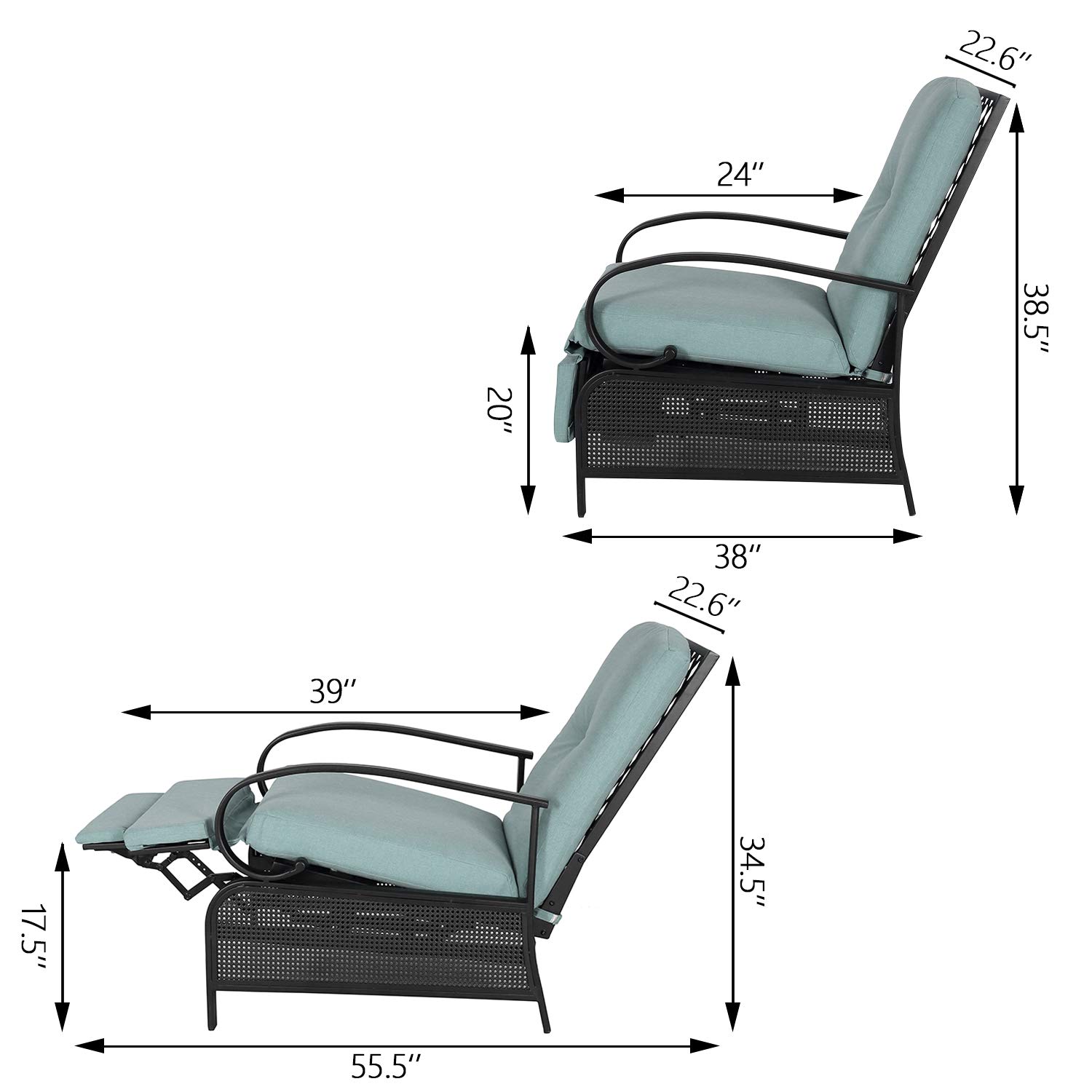 Ulax furniture Outdoor Recliner Chair Adjustable Patio Reclining Lounge Chair with 100% Olefin Cushion (Mist)