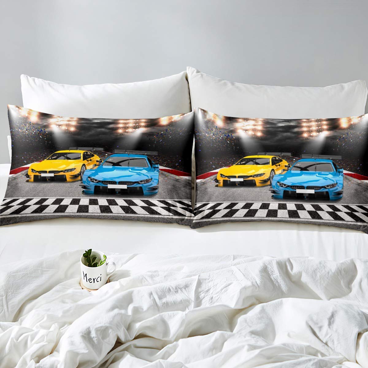 Feelyou Sports Car Bedding Set Extreme Sports Decor Bed Sheet Set for Kids Boys Yellow Blue Race Car Bed Sheets Cool Speed Racing Car Fitted Sheet Bedroom Collection 3Pcs Queen Size (NoFflat Sheet)