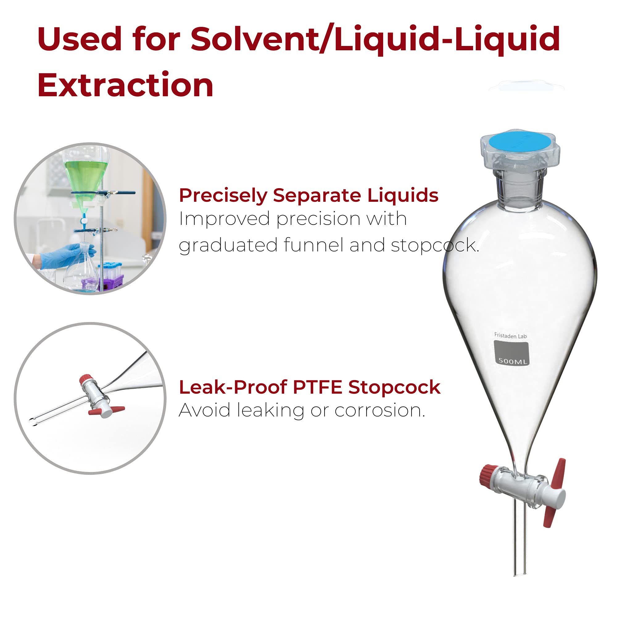 American Fristaden Lab 500mL Separatory Funnel with PTFE Stopcock Valve | Lab Quality Borosilicate Glass | 24/29 Joint Size | Separation Funnel for Lab Use