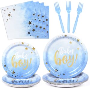 decorlife baby shower plates and napkins for boy serves 24, blue baby boy plates, forks included, total 96pcs