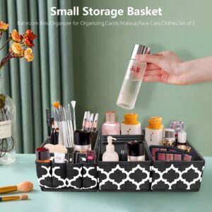 Makeup Drawer Organizer - Small Baskets Bins for Organizing, Desktop Caddy Storage Organizer, Fabric Portable Divided Box for Bathroom Countertop, Office, Cosmetic, Face Care Set of 3 (Black)