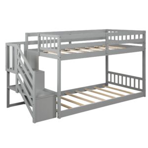 Low Bunk Beds Twin Over Twin with Stairs Solid Wood Bunk Bed Frame for Kids Boys Girls Teens, Gray