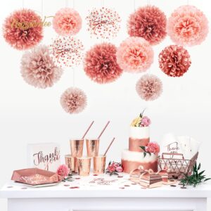 NICROLANDEE Wedding Decorations - 12 PCS Rose Gold Tissue Paper Pom Poms for Engagement Party Wedding Birthday Bridal Shower Bachelorette Baby Shower Ceiling Valentine's Day Party Backdrop Decor