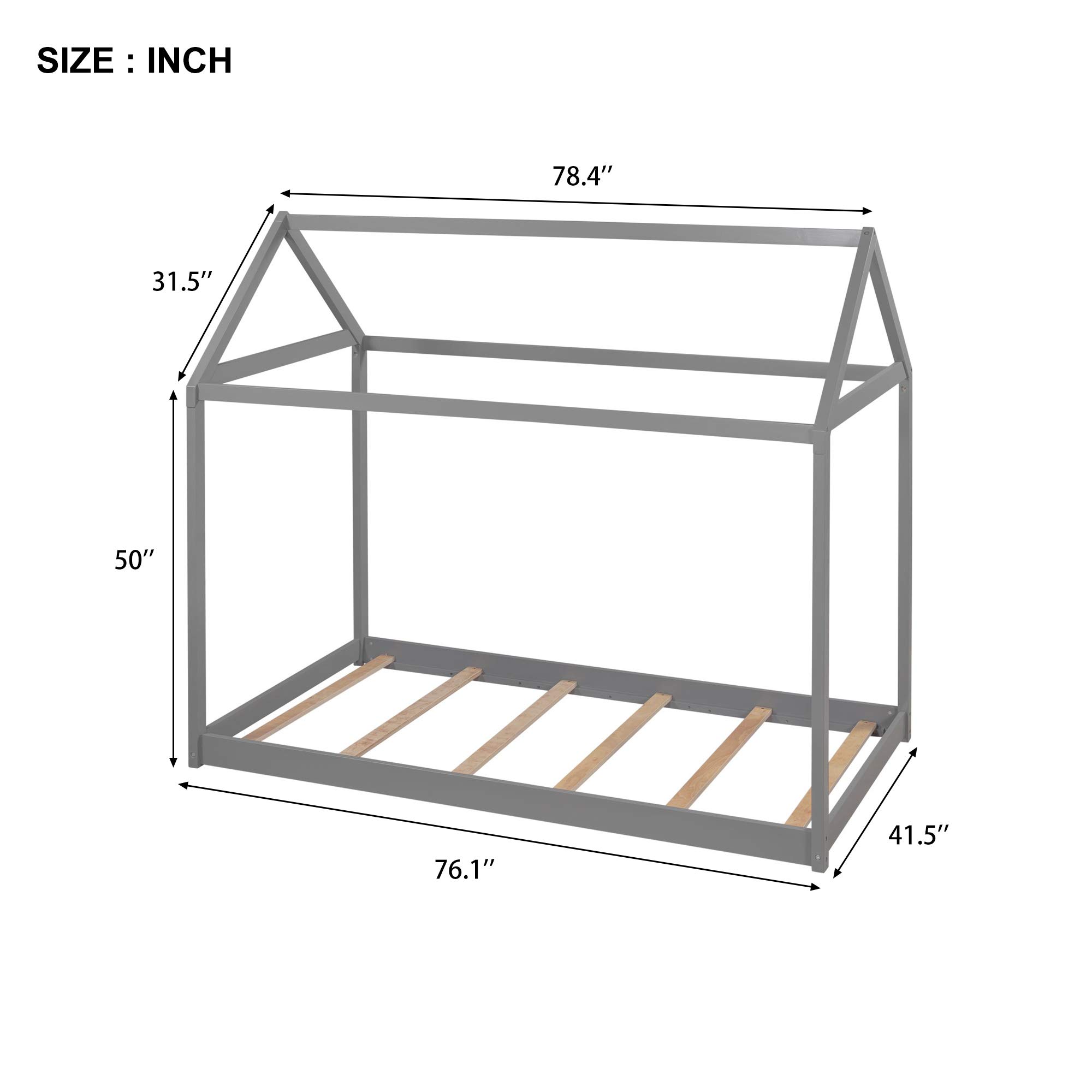 MERITLINE House Bed Twin Size Kids Bed Frame with Roof, No Box Spring Needed (Grey, Twin)