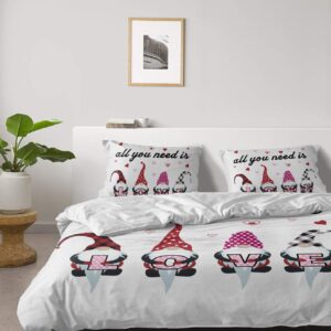 Valentine's Day Gnomes 4 Pieces California King Duvet Cover Sheet Set Cute Cartoon Dwarfs Romantic Bedding Sets Luxury Soft Bed Quilt Cover Bedspread with Decorative Pillowcases Sweet Love Heart