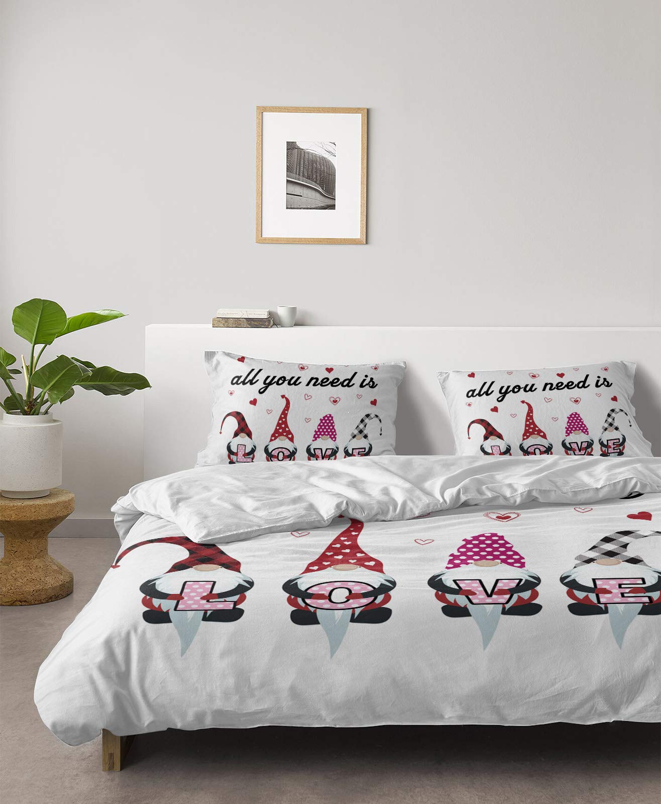 Valentine's Day Gnomes 4 Pieces California King Duvet Cover Sheet Set Cute Cartoon Dwarfs Romantic Bedding Sets Luxury Soft Bed Quilt Cover Bedspread with Decorative Pillowcases Sweet Love Heart