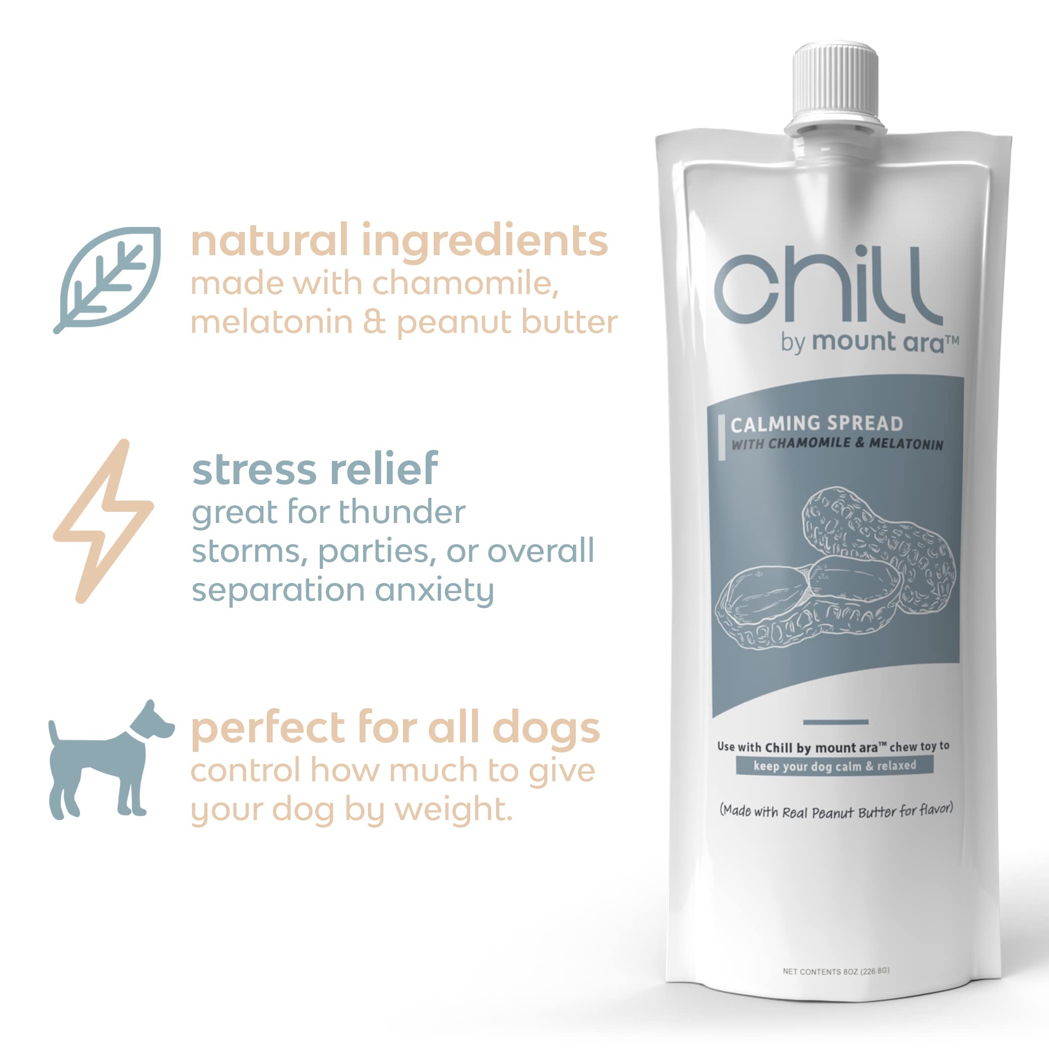 chill by mount ara Calming Peanut Butter for Dogs - Peanut Butter with Chamomile, MCT Oil, Oat-Bran & Melatonin for Dogs 8 Ounces