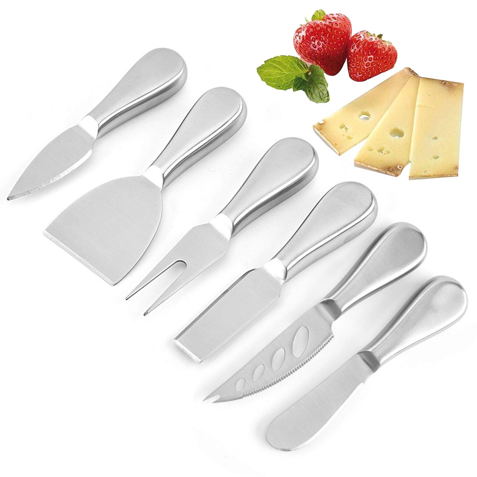 Linwnil 6 Pieces Set Cheese Knives, Steel Stainless Cheese Slicer Cheese Cutter Cheese Fork Light Weight One-Piece Silver Design