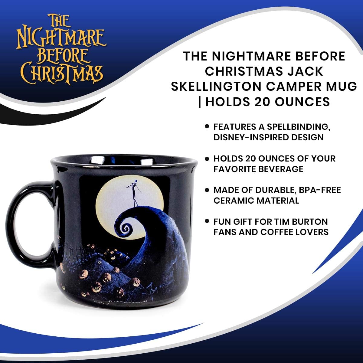 The Nightmare Before Christmas Jack Skellington On Spiral Hill Ceramic Camper Mug | Themed Casual Drinkware For Coffee, Tea, Hot Cocoa | Holds 20 Ounces