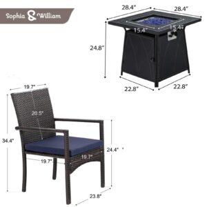 Sophia & William Outdoor 5 Pieces Dining Set with 1 Square Gas Fire Pit Table and 4 PE Rattan Chairs, Modern 2 in 1 50000 BTU Patio Propane Firepits Table Auto-ignition Black 28.4"L x 28.4"Wx 24.8"H