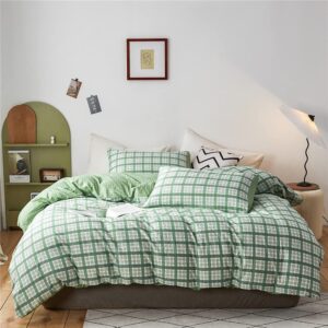 lurson 100% cotton checker geometric duvet cover set twin size aqua light green reversible plaid bedding comforter cover ultra soft grid simple quilt cover with zipper closure corner ties