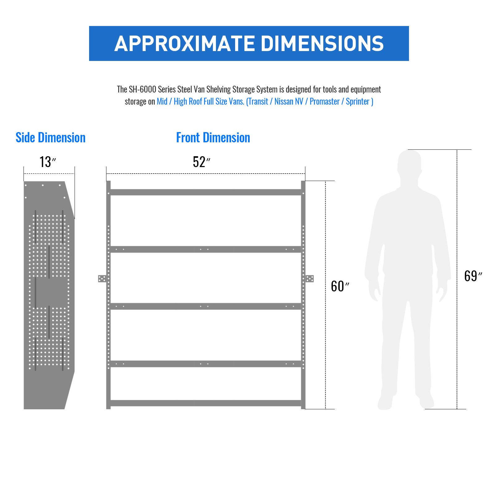 AA Products SH-6005 Steel Mid/High Roof Van Shelving Storage System Fits Transit, NV, Promaster and Sprinter, Van Shelving Units, 52''W x 60''H x 13''D