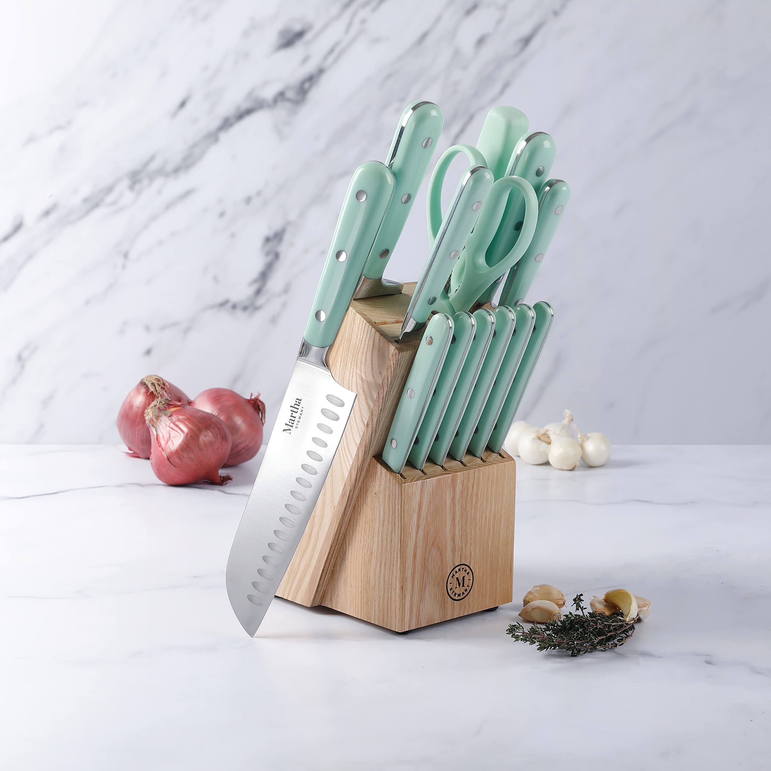 Martha Stewart 14 Piece High Carbon Stainless Steel Cutlery Knife Block Set w/ABS Triple Riveted Forged Handle Ashwood Block - Martha Blue