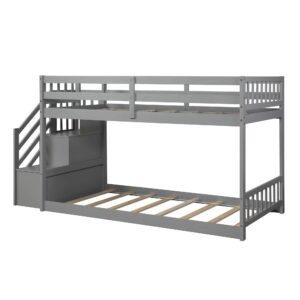 Low Bunk Beds Twin Over Twin with Stairs Solid Wood Bunk Bed Frame for Kids Boys Girls Teens, Gray