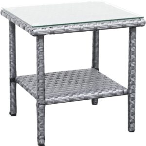 Outdoor PE Wicker Side Table - Patio Rattan Garden Coffee End Square Table with Glass Top Furniture, Grey