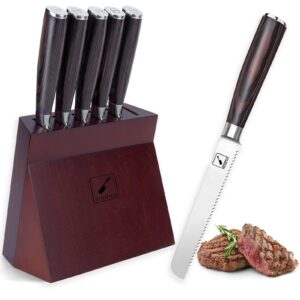 imarku steak knives set of 6, german high carbon stainless steel serrated knife set with wooden block, 5-inch safe material sharp knives with ergonomic handle, christmas gift for man and woman