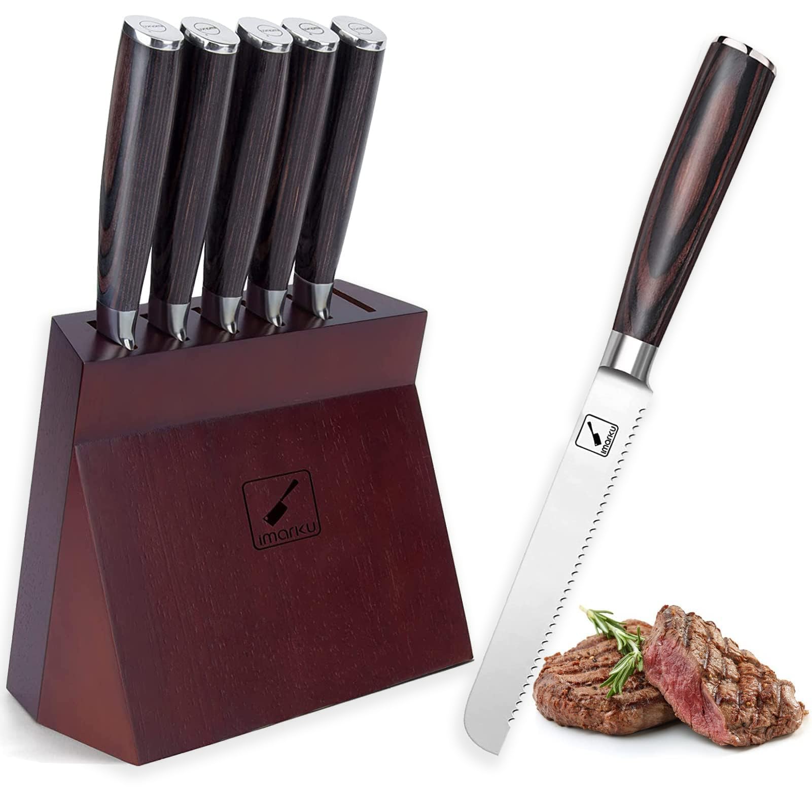 imarku Steak Knives Set of 6, German High Carbon Stainless Steel Serrated Knife Set with Wooden Block, 5-inch Safe Material Sharp Knives with Ergonomic Handle, Christmas Gift for Man and Woman