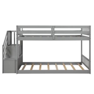 Low Bunk Beds Twin Over Twin with Stairs Solid Wood Bunk Bed Frame for Kids Boys Girls Teens, Gray