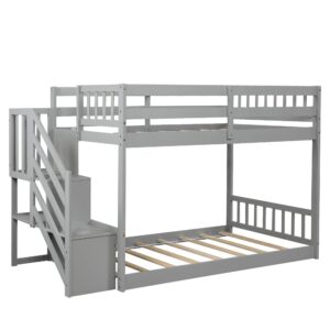 Low Bunk Beds Twin Over Twin with Stairs Solid Wood Bunk Bed Frame for Kids Boys Girls Teens, Gray