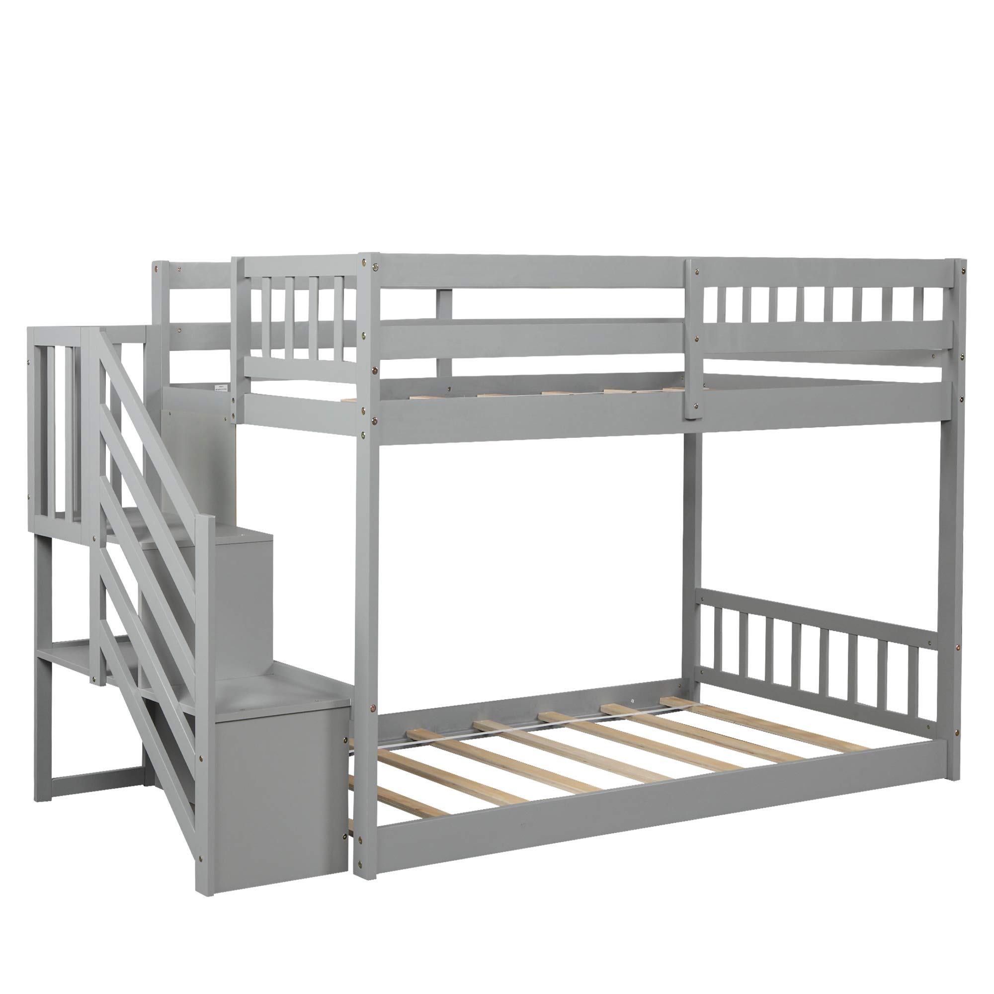 Low Bunk Beds Twin Over Twin with Stairs Solid Wood Bunk Bed Frame for Kids Boys Girls Teens, Gray