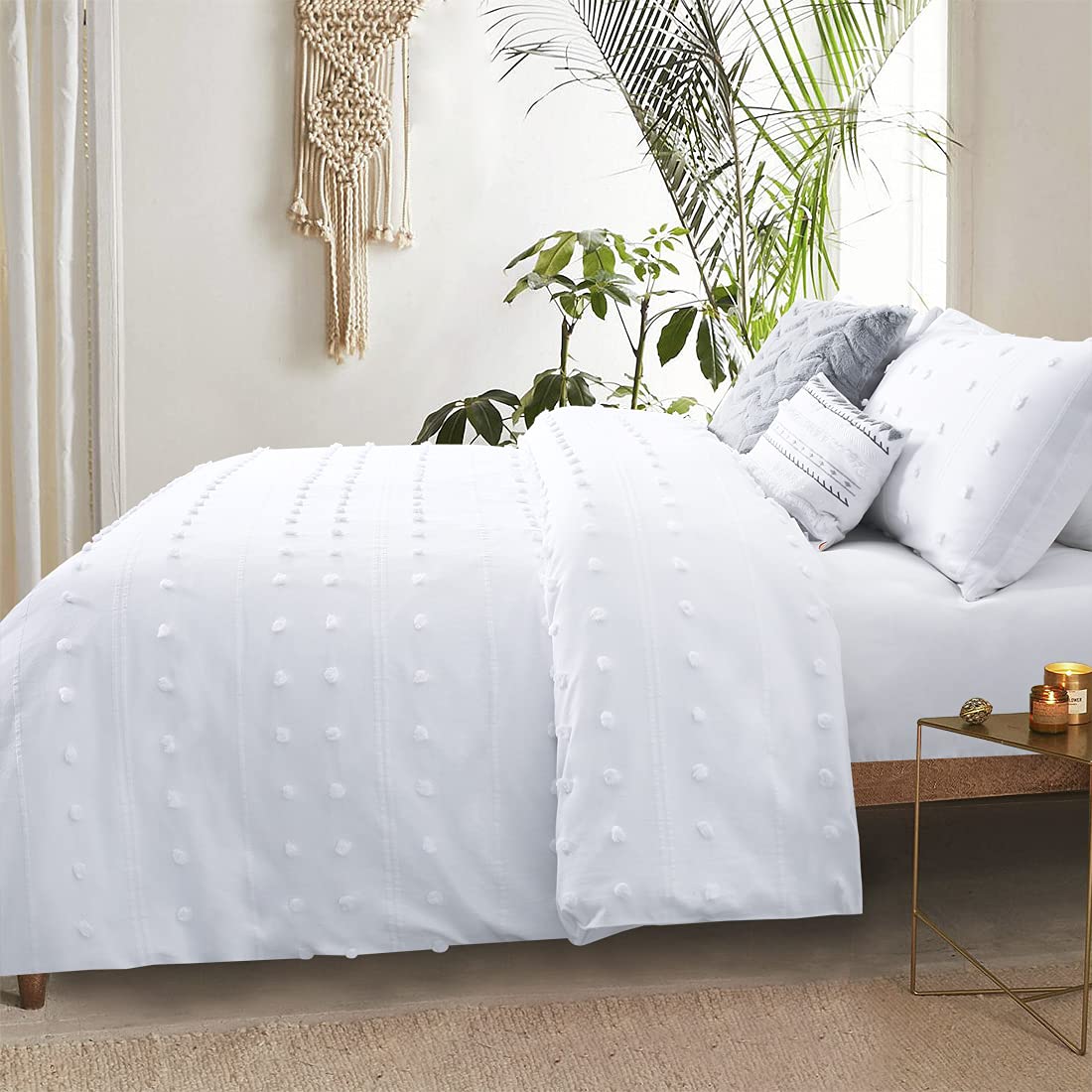 YINFUNG Tufted Duvet Cover White Queen Boho Textured Dot Stripe Moroccan Clipped Cute 100 Cotton Minimalist Bohemian Quilt Cover Bedding Set 90x90 Embroidered