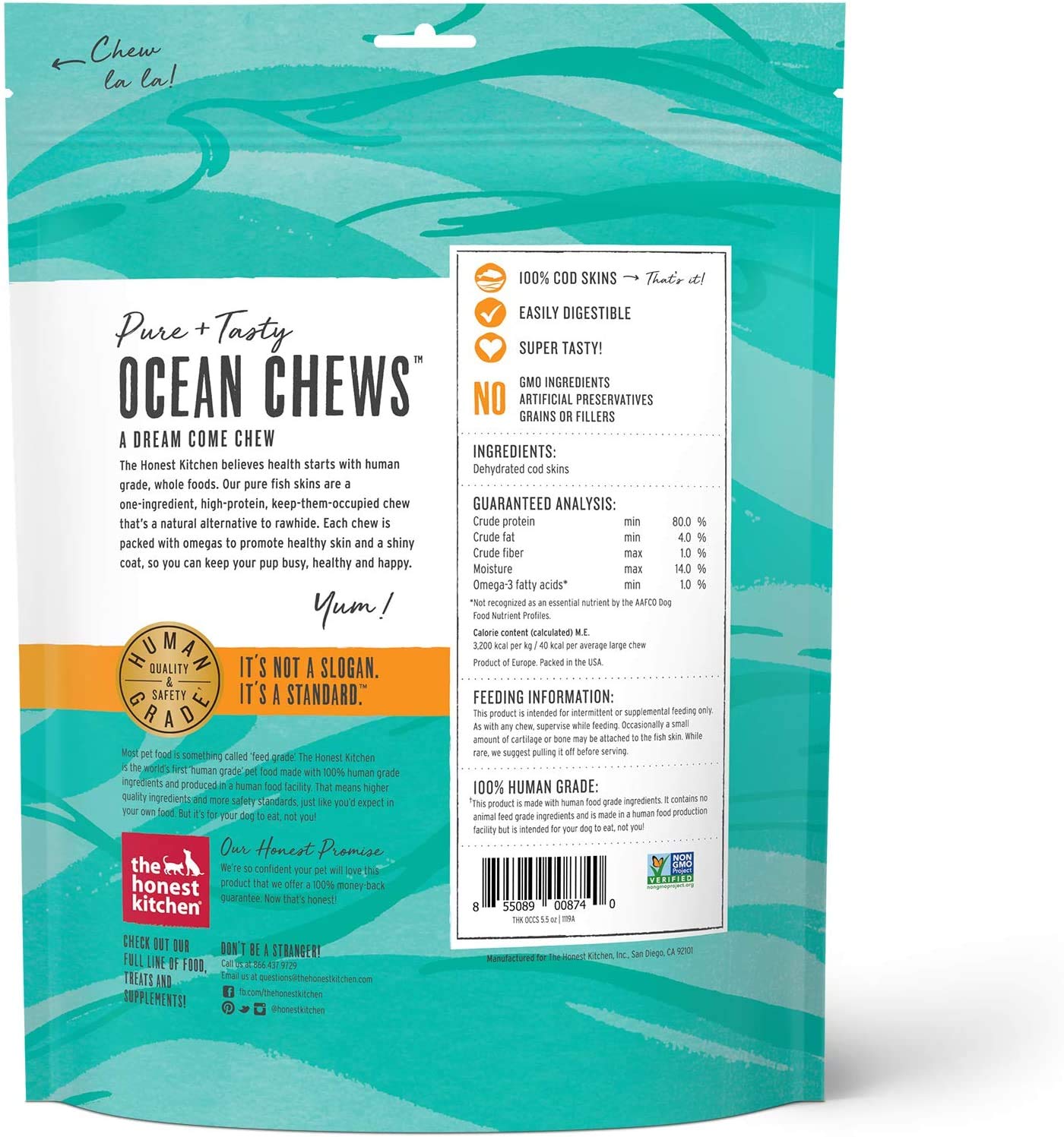 The Honest Kitchen 3 Pack of Crispy Cod Fish Skins Ocean Chews Single-Ingredient Dog Treats, 5.5 Ounces Each